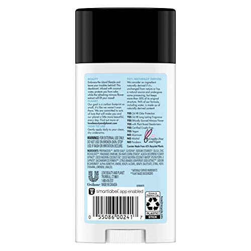 Love Beauty And Planet Deodorant Water and Mimosa Flower, Coconut, 2.95 Oz, Pack of 4