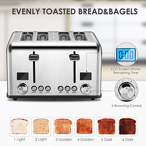 REDMOND 4 Slice Toaster, Countdown Stainless Steel Toaster with Bagel, Defrost, Cancel Function, Extra Wide Slots, 6 Bread Shade Settings, 1650W, ST030