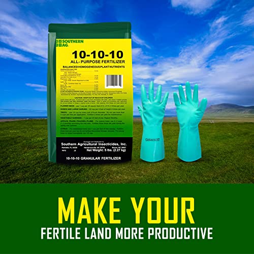 Southern Ag Fertilizer 10-10-10 - All-purpose Granular Fertilizer - organic fertilizer β Fertilizer for vegetable garden & Flowerbed Roses & Large Shrubs and Fruit Trees- Available with Premium Quality Centaurus AZ Gloves-5LB