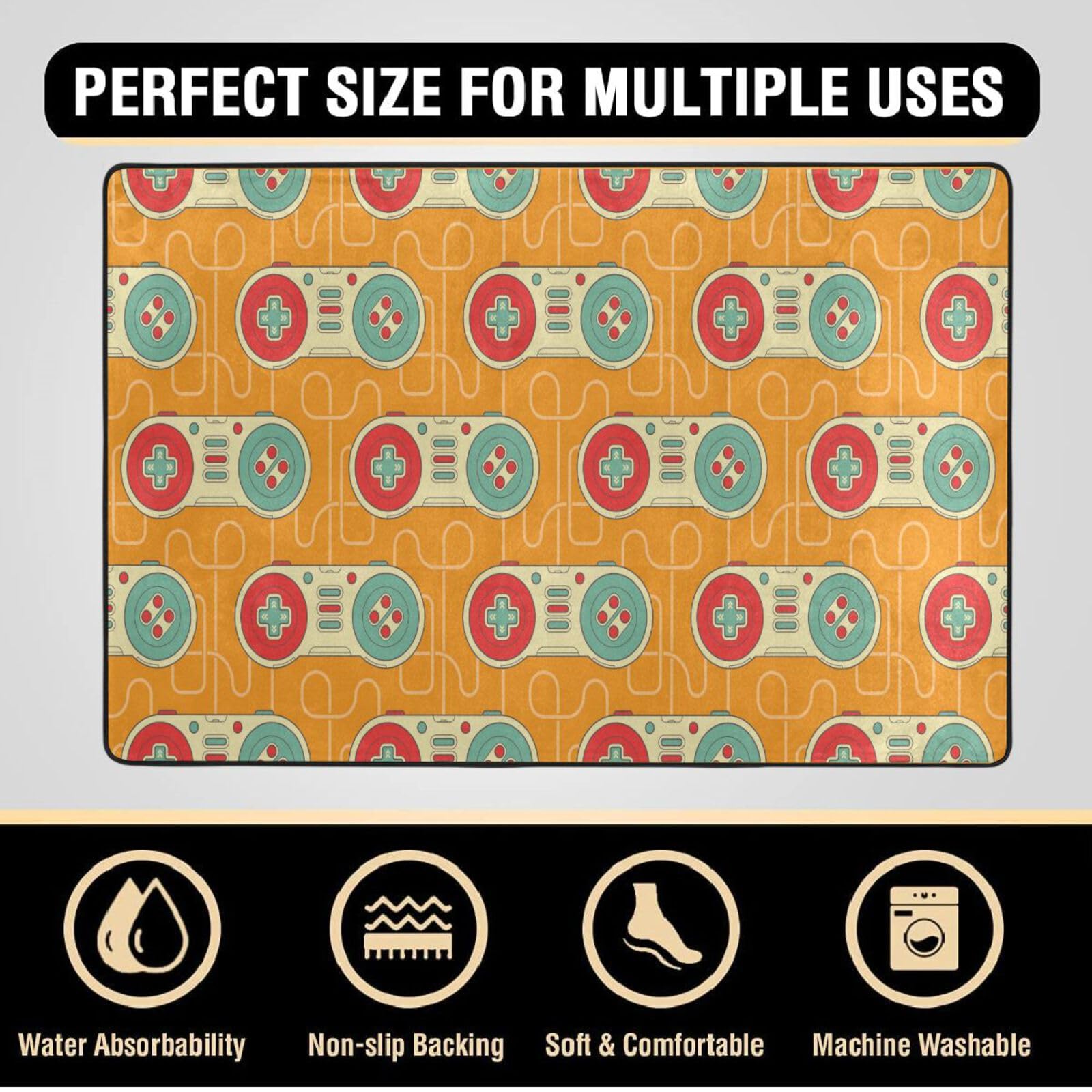Game Theme Joysticks Area Rug 4x6 Retro Gamepad Non Slip Large Rugs for Living Room Bedroom Absorbent Washable Carpet with Rubber Backing Indoor Outdoor for Dorm Backyard Patio