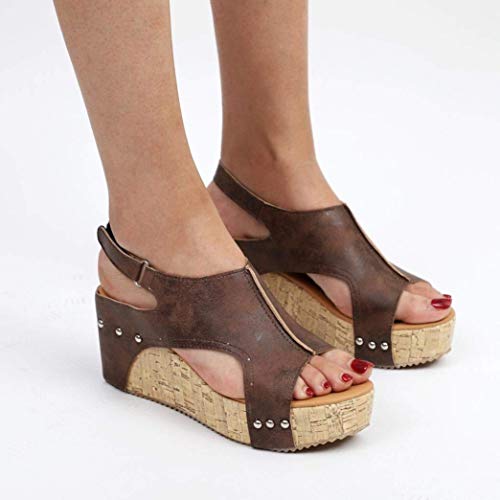 Women Sandals,WensLTD Women Summer Round Toe Rivet Beach Sandals Boho Wedges Shoes (8, Brwon)