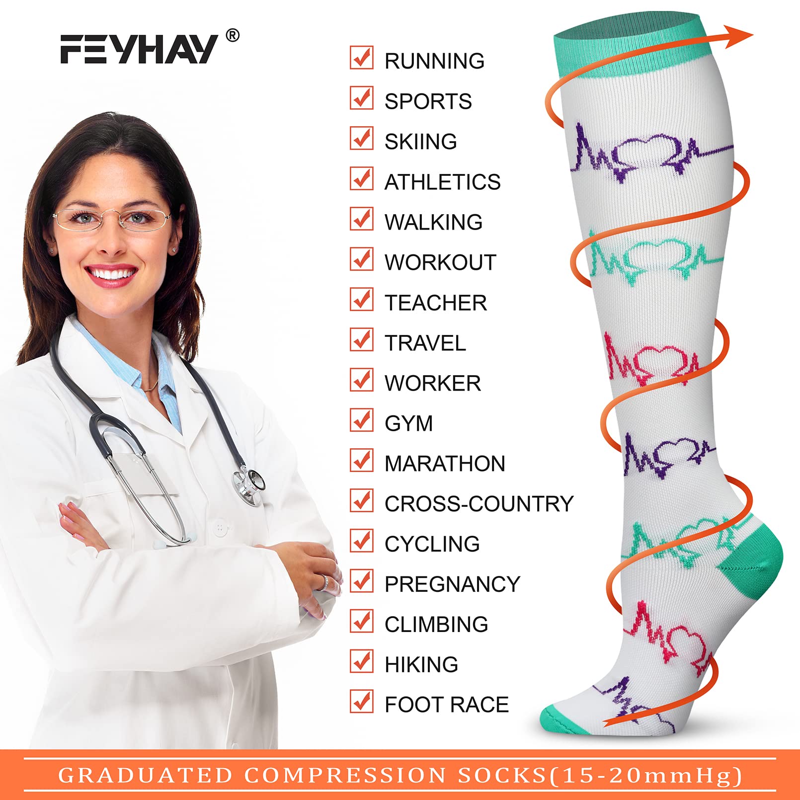 FEYHAY Copper Compression Socks(8 Pairs) for Men & Women 15-20 mmHg is Best Athletic & Daily for Running Flight Travel Climbing (Large-X-Large, 05 navy/Gray/Black)