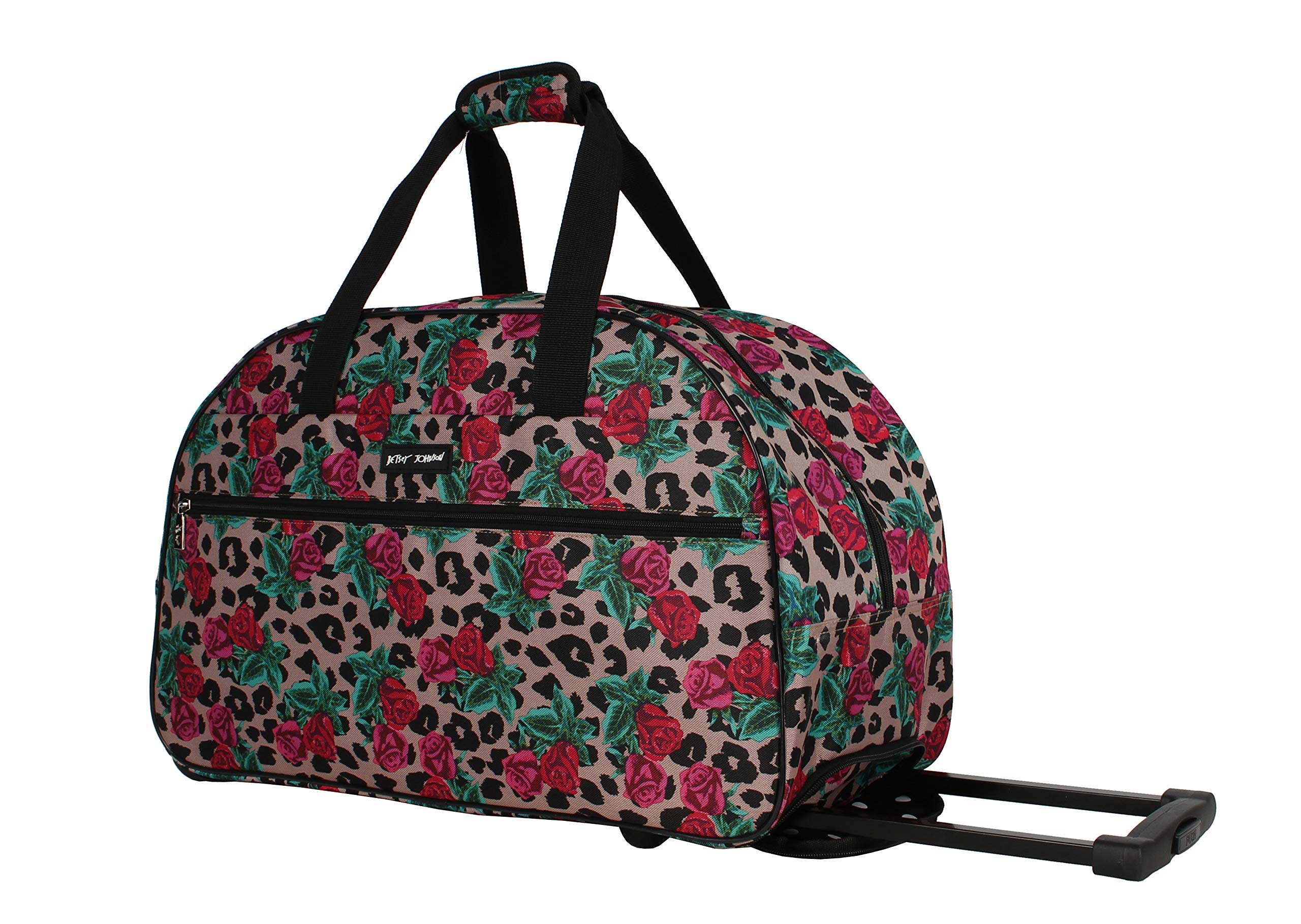 Betsey Johnson Designer Carry On Luggage Collection - Lightweight Pattern 22 Inch Duffel Bag- Weekender Overnight Business Travel Suitcase with 2- Rolling Wheels (One Size, Leopard Rose)