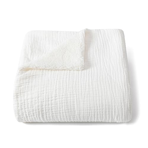 Kloovete Boucle Baby Blanket, Neutral Cozy Baby Blankets for Unisex Boys Girls, Boho Muslin Cotton and Boucle Nursery Blankets, Double Layer Bed Throws for Baby Crib, 30x40 inches(White)