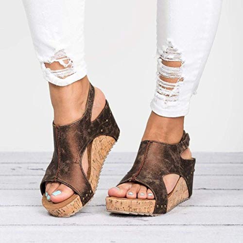 Women Sandals,WensLTD Women Summer Round Toe Rivet Beach Sandals Boho Wedges Shoes (8, Brwon)