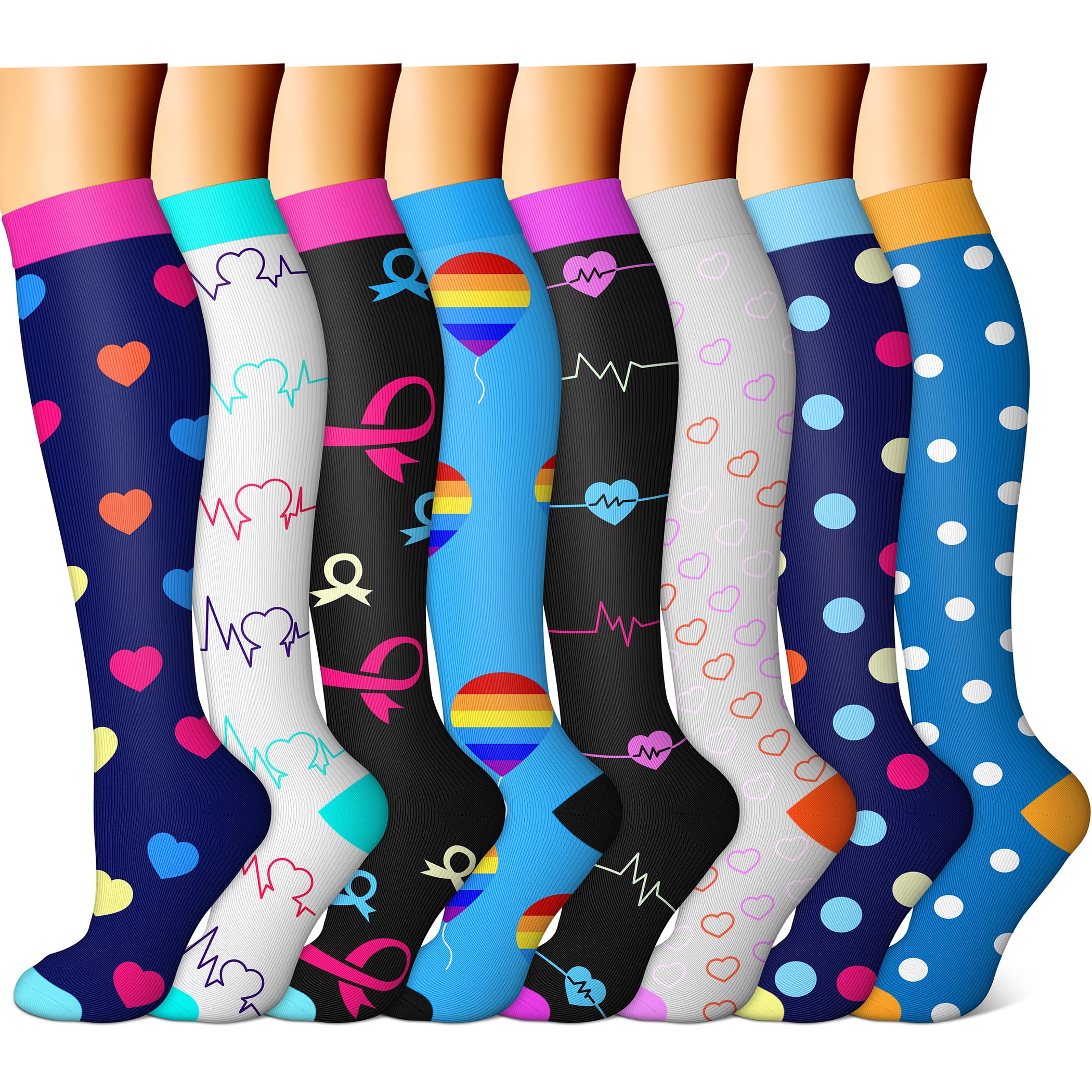 FEYHAY Copper Compression Socks(8 Pairs) for Men & Women 15-20 mmHg is Best Athletic & Daily for Running Flight Travel Climbing (Large-X-Large, 05 navy/Gray/Black)