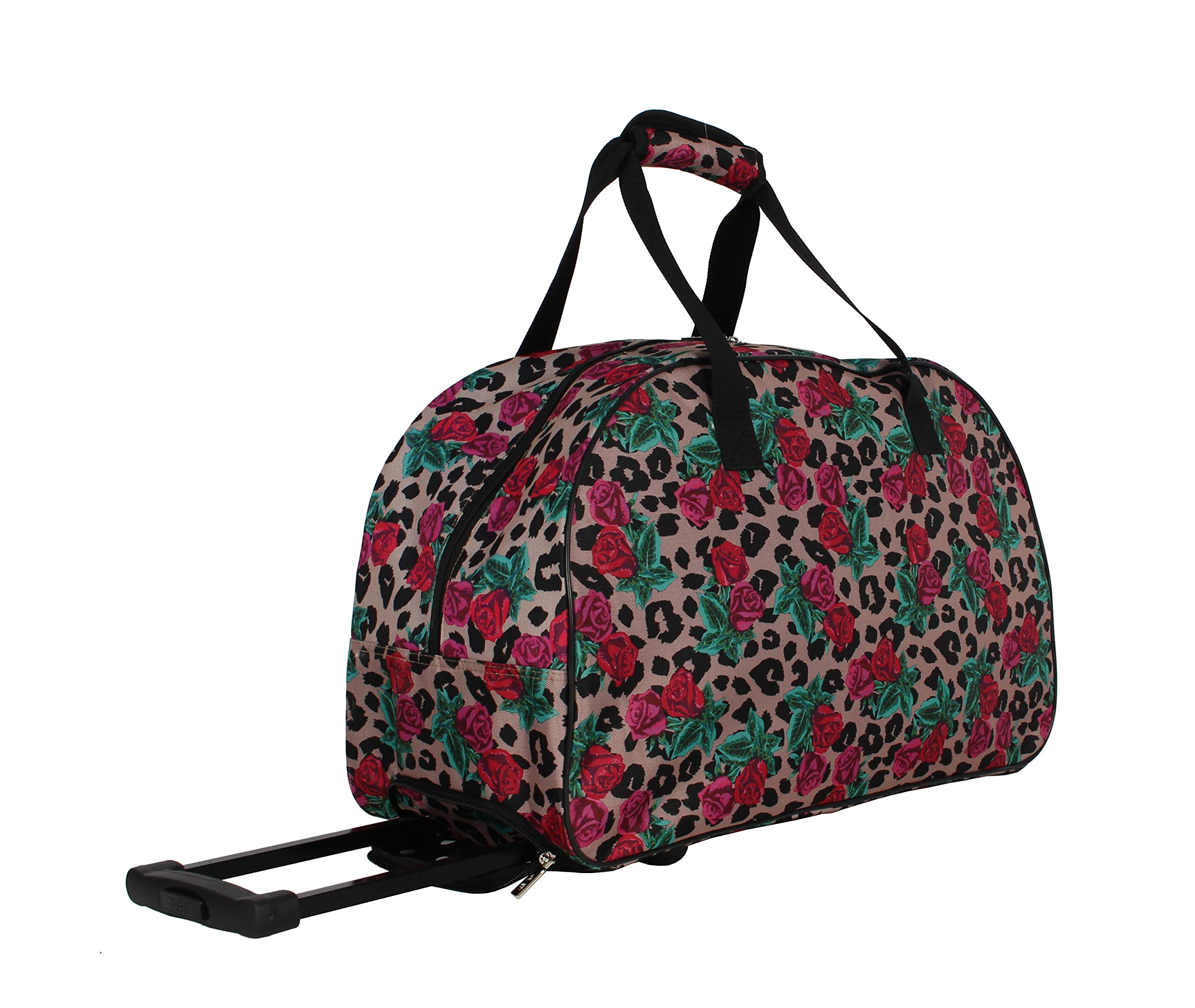 Betsey Johnson Designer Carry On Luggage Collection - Lightweight Pattern 22 Inch Duffel Bag- Weekender Overnight Business Travel Suitcase with 2- Rolling Wheels (One Size, Leopard Rose)