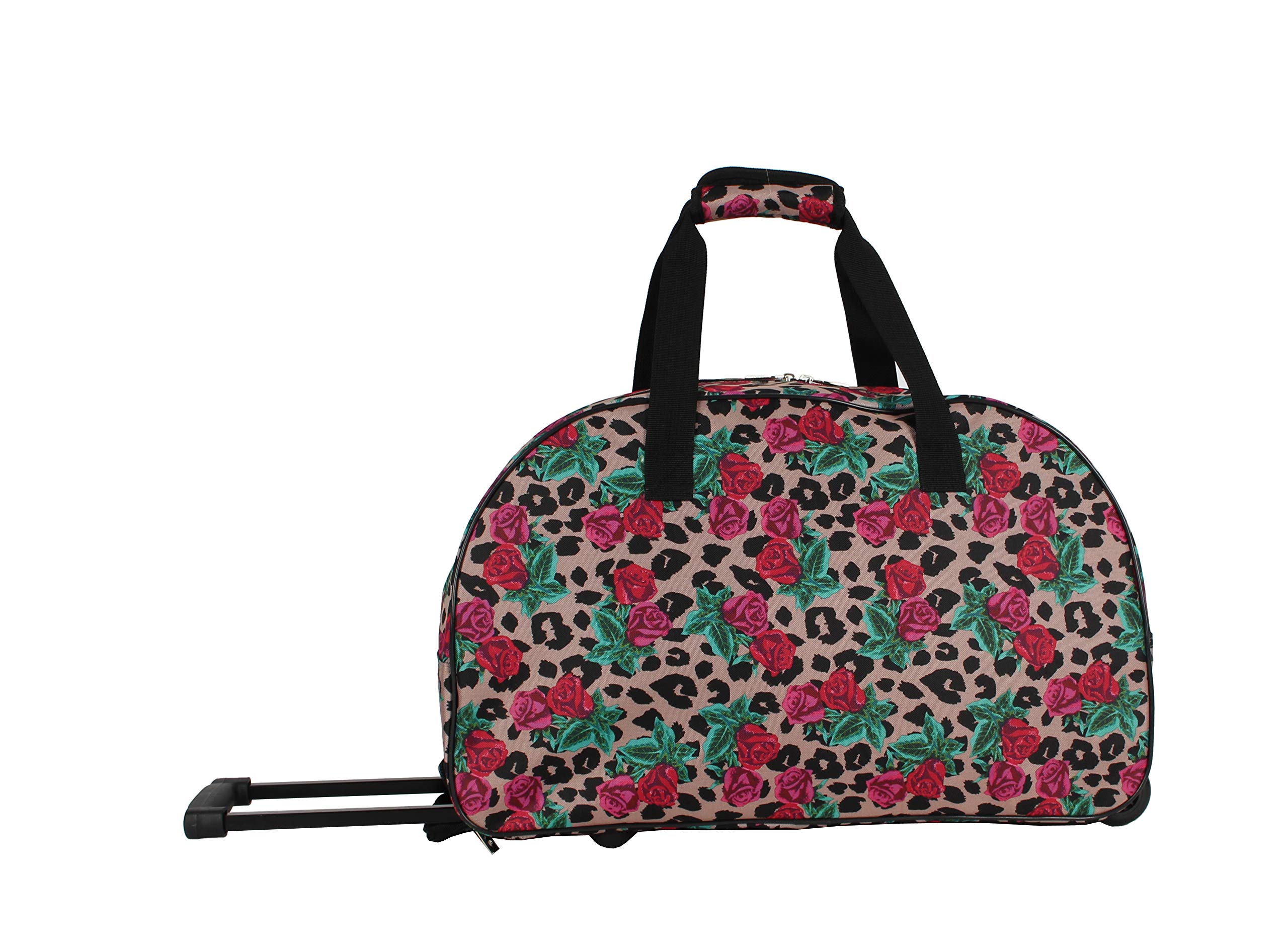 Betsey Johnson Designer Carry On Luggage Collection - Lightweight Pattern 22 Inch Duffel Bag- Weekender Overnight Business Travel Suitcase with 2- Rolling Wheels (One Size, Leopard Rose)