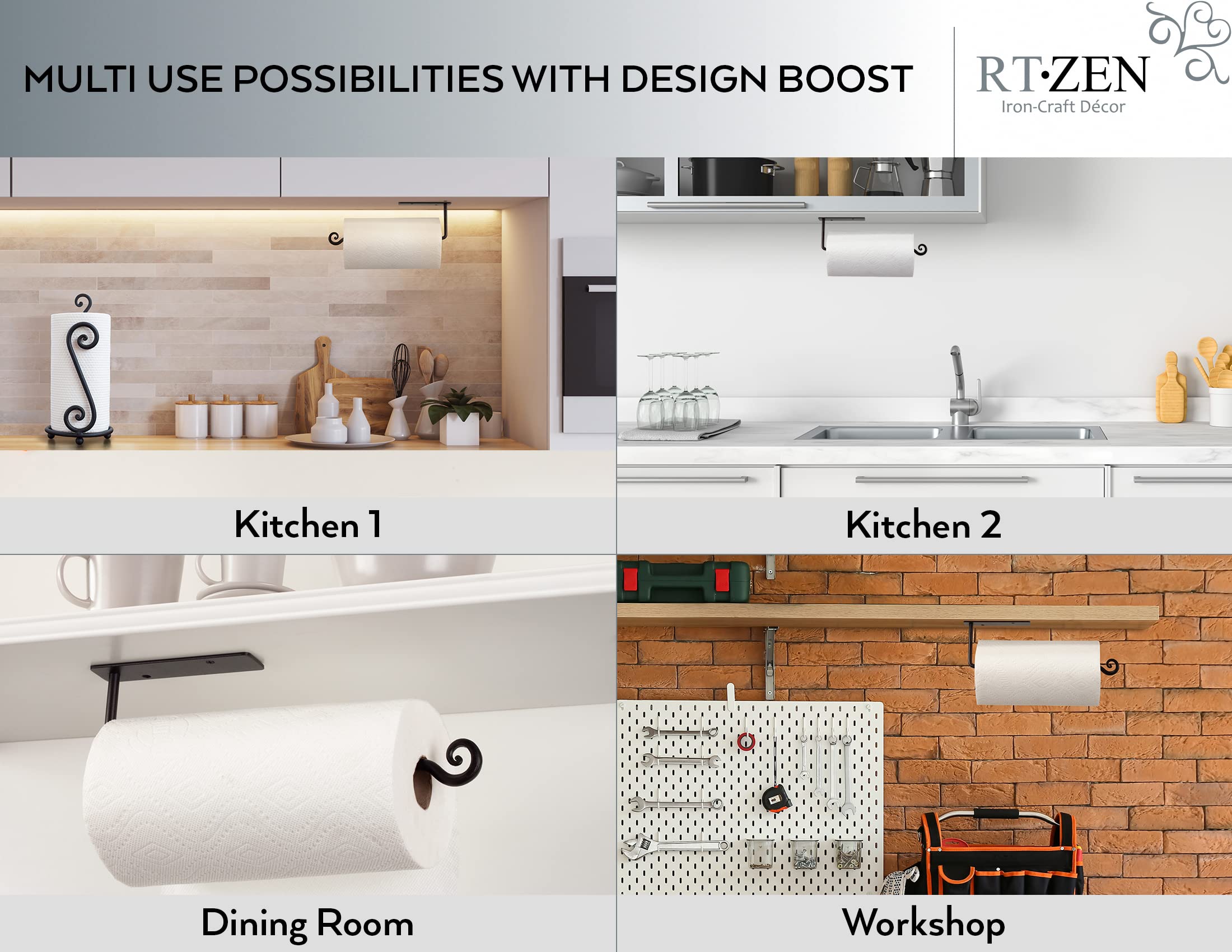 RTZEN Under Cabinet Paper Towel Holder - Wrought Iron Cute Black Farmhouse Decor Inside Cabinet or Under Counter - Paper Towel Holder for Kitchen or Under Sink Paper Towel Holder for Bathroom