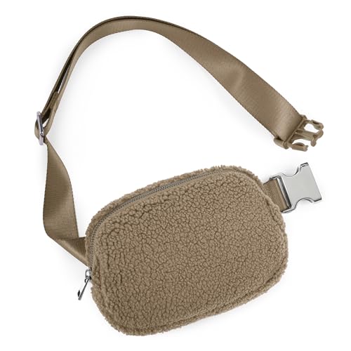 ODODOS Fleece Mini Belt Bag with Adjustable Strap, Sherpa Small Waist Pouch Fanny Pack for Workout Running Traveling Hiking, Taupe