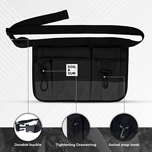Soil and Sun Black Utility Belt Pouch - Size Adjustable Garden Apron for Women with Pockets - Durable Canvas Garden Tool Belt for Women - Multi-Pocket Waist Caddy Gardening Belt