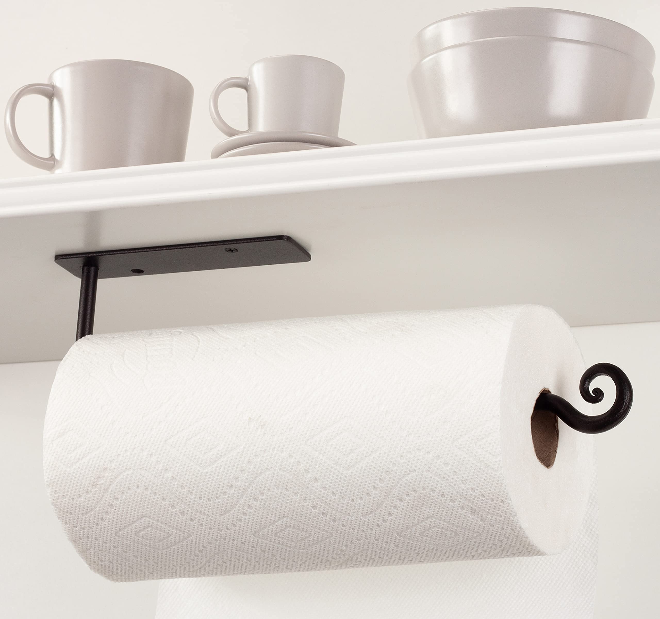 RTZEN Under Cabinet Paper Towel Holder - Wrought Iron Cute Black Farmhouse Decor Inside Cabinet or Under Counter - Paper Towel Holder for Kitchen or Under Sink Paper Towel Holder for Bathroom