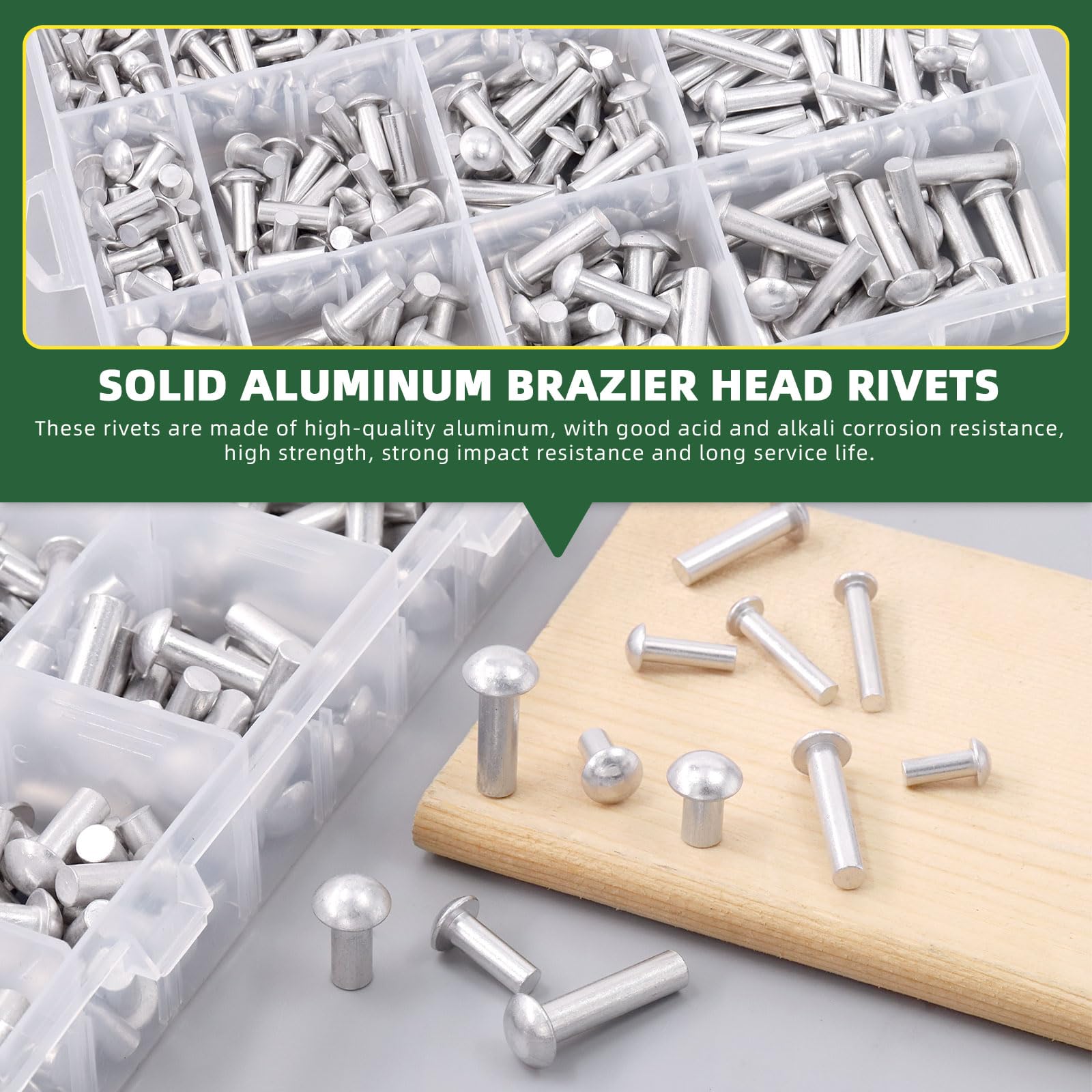 Keadic 300Pcs 12 Sizes Solid Aluminum Brazier Head Rivets Assortment Set, M4 M5 M6 10mm 14mm 20mm 25mm Length Aluminum Rivets Fastener for Household Machinery Automobile Industry