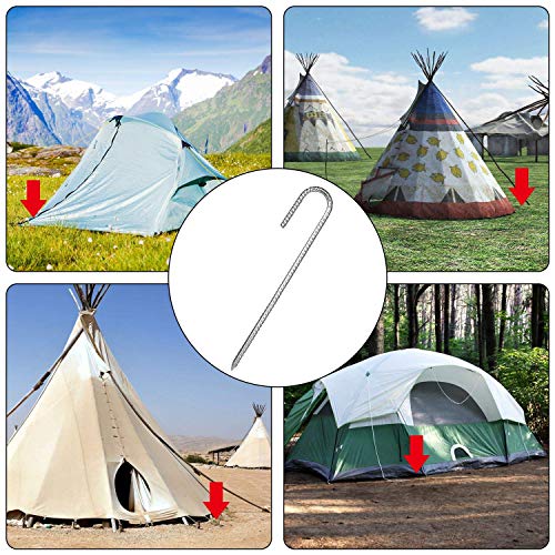 EXPERY 10Pack 12” Heavy Duty J Hook Ground Stakes, Galvanized Rebar Tent Stakes, Curved Steel Plant Support Garden Stake, Chisel Point End Stakes for Camping Tent, Swing Sets, Fence Stakes