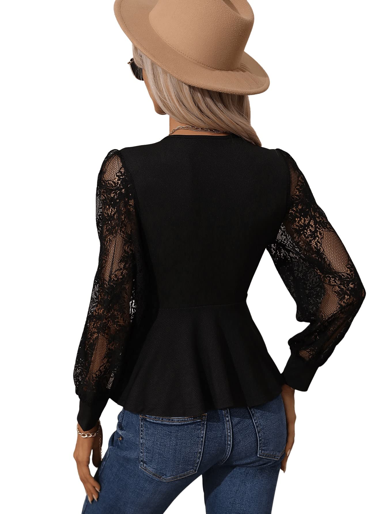 SweatyRocks Women's Floral Lace Long Sleeve V Neck Wrap Top Flare Hem Peplum Blouse Black S