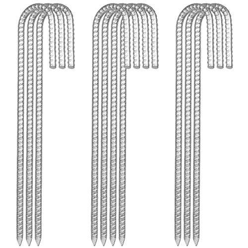 EXPERY 10Pack 12” Heavy Duty J Hook Ground Stakes, Galvanized Rebar Tent Stakes, Curved Steel Plant Support Garden Stake, Chisel Point End Stakes for Camping Tent, Swing Sets, Fence Stakes
