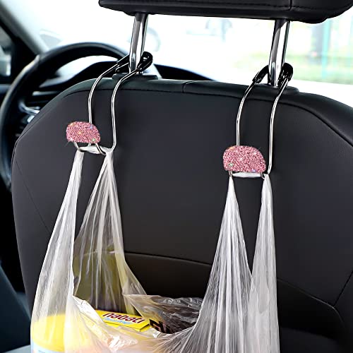 SAVORI Purse Holder for Car, Bling Car Headrest Hooks Organization Rhinestones Auto Back Seat Headrest Metal Hanger Organizer for Bags 2PCS (Pink)