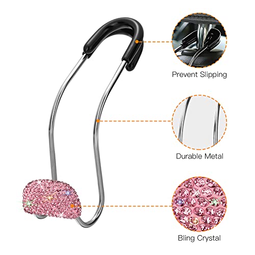SAVORI Purse Holder for Car, Bling Car Headrest Hooks Organization Rhinestones Auto Back Seat Headrest Metal Hanger Organizer for Bags 2PCS (Pink)