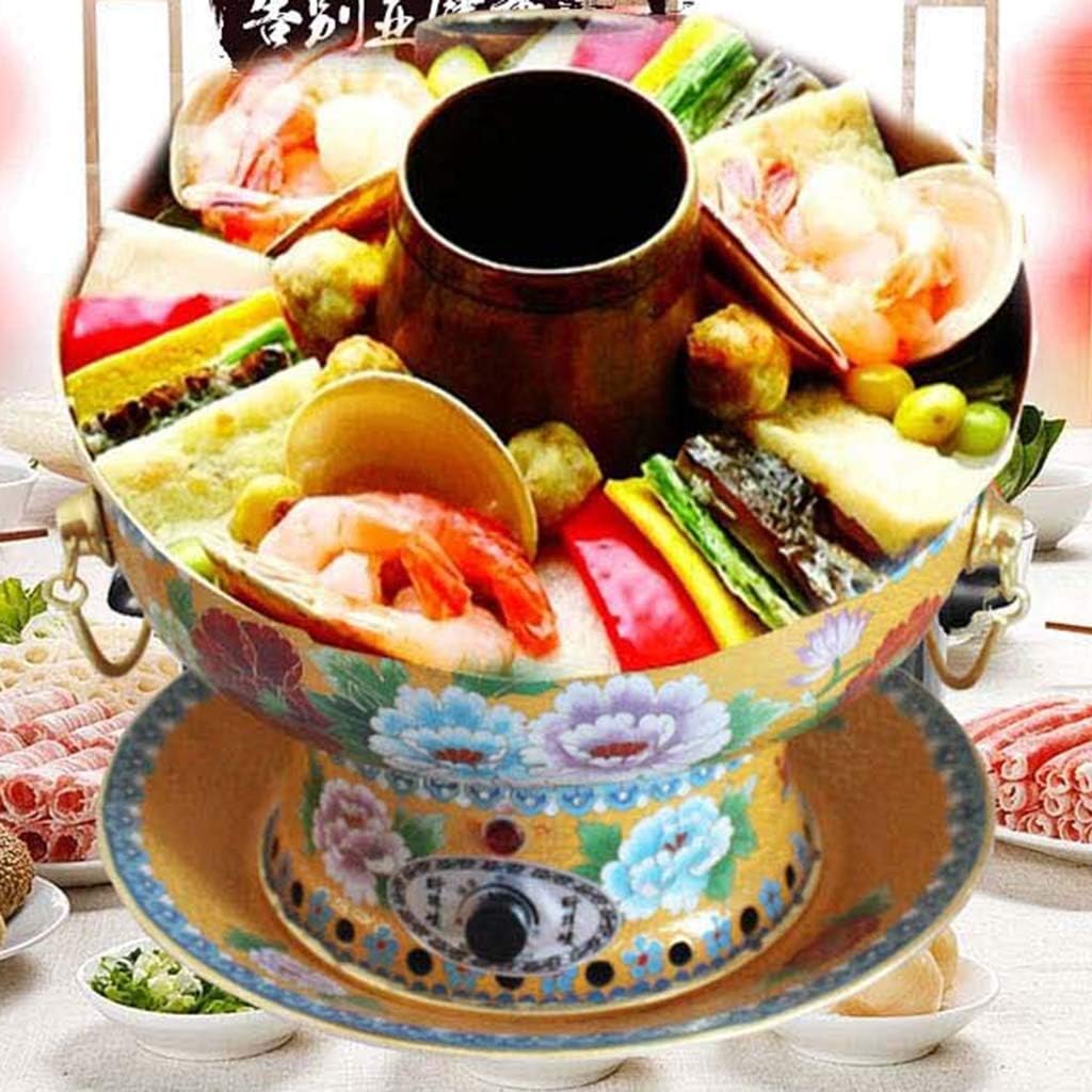 Chafing Dishes Casserole Pot For Hob And Oven Creative Cloisonne Copper Hot Pot Electric Copper Hot Pot Household Charcoal Copper Pot Retro Hot Pot (Color : Yellow, Size : 32cm)