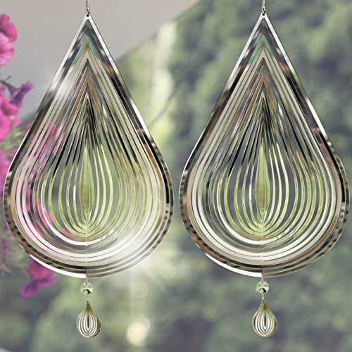Tsocent Wind Spinners, 2 Pack 12in 3D Stainless Steel Outdoor Hanging Wind Spinner with 2X Water Drop Pendant and 3X 360° Rotating Hook, Reflective Decor for Outside Yard and Garden (2 Pack)