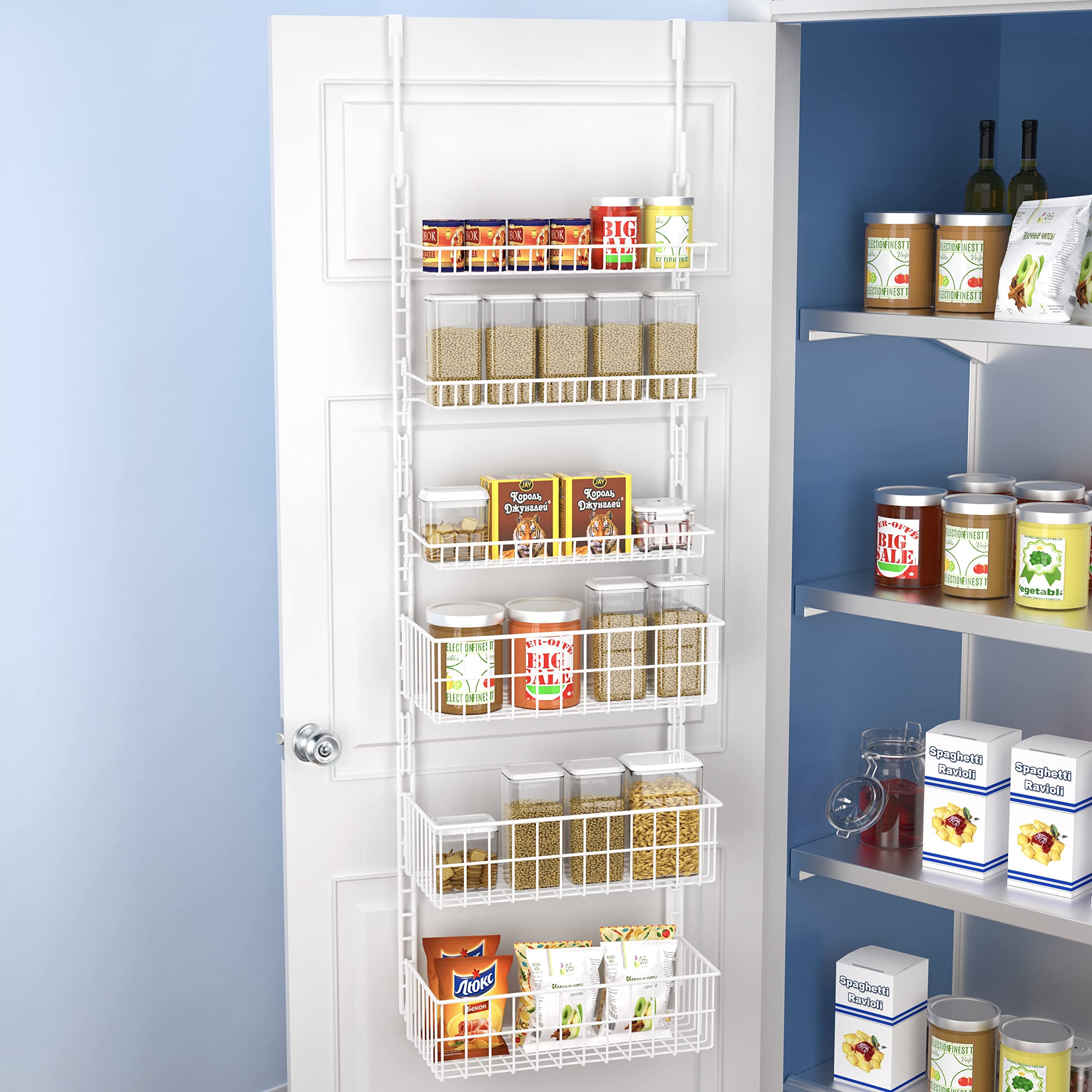 Qboid Sp Over The Door Pantry Organizer - With 6 Adjustable Shelves - Alloy Steel Metal - Hanging - Wall Mount - Storage Door Organization Kitchen Spice Rack,Cans,Closet,Bathroom-White