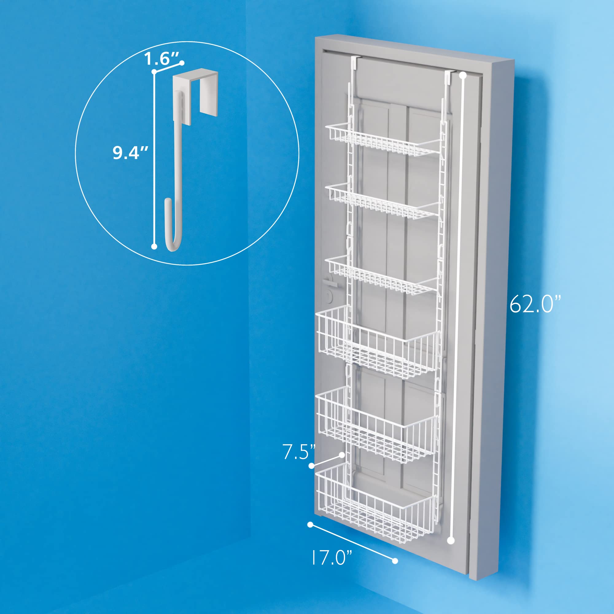 Qboid Sp Over The Door Pantry Organizer - With 6 Adjustable Shelves - Alloy Steel Metal - Hanging - Wall Mount - Storage Door Organization Kitchen Spice Rack,Cans,Closet,Bathroom-White