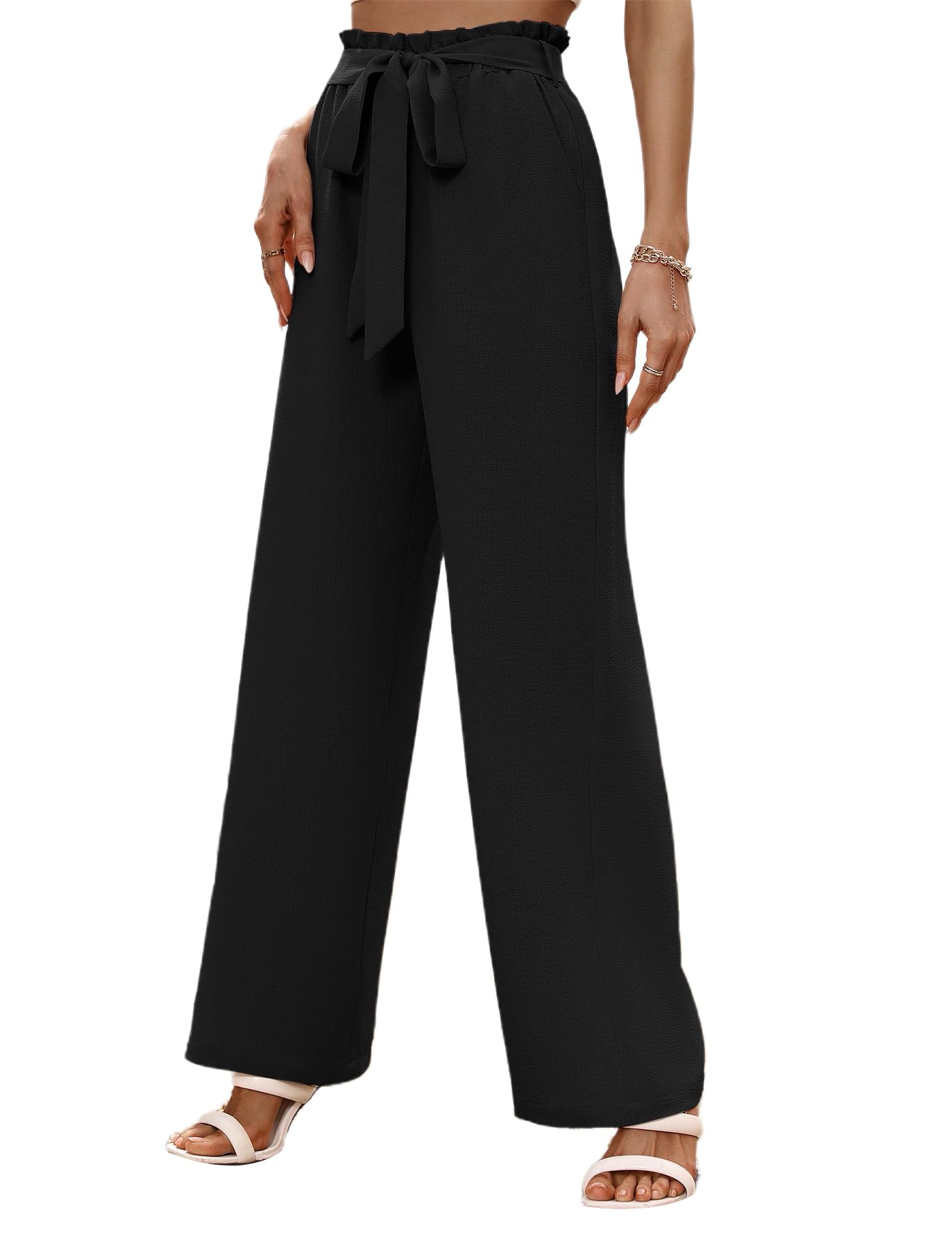 SOFIA'S CHOICE Women's Bow-Knot Work Pants High Waisted Wide Leg Trousers with Pockets Black Small