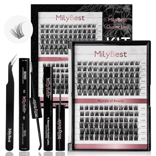 MilyBest DIY Eyelash Extension Kit with 144 Pcs Lash Clusters Bond and Seal Eyelash Glue Remover Eyelash Tweezers Applicator Beginner Set 10-16mm Thin Band Cluster Lashes Kit (Kit-2 Styles, M02)