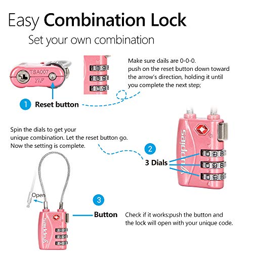 TSA Approved Luggage Locks, Easy Re-settable Combination Backpack Lock, Travel Lock for Suitcase, 1,2 & 4 Pack (Pink 2 Pack)