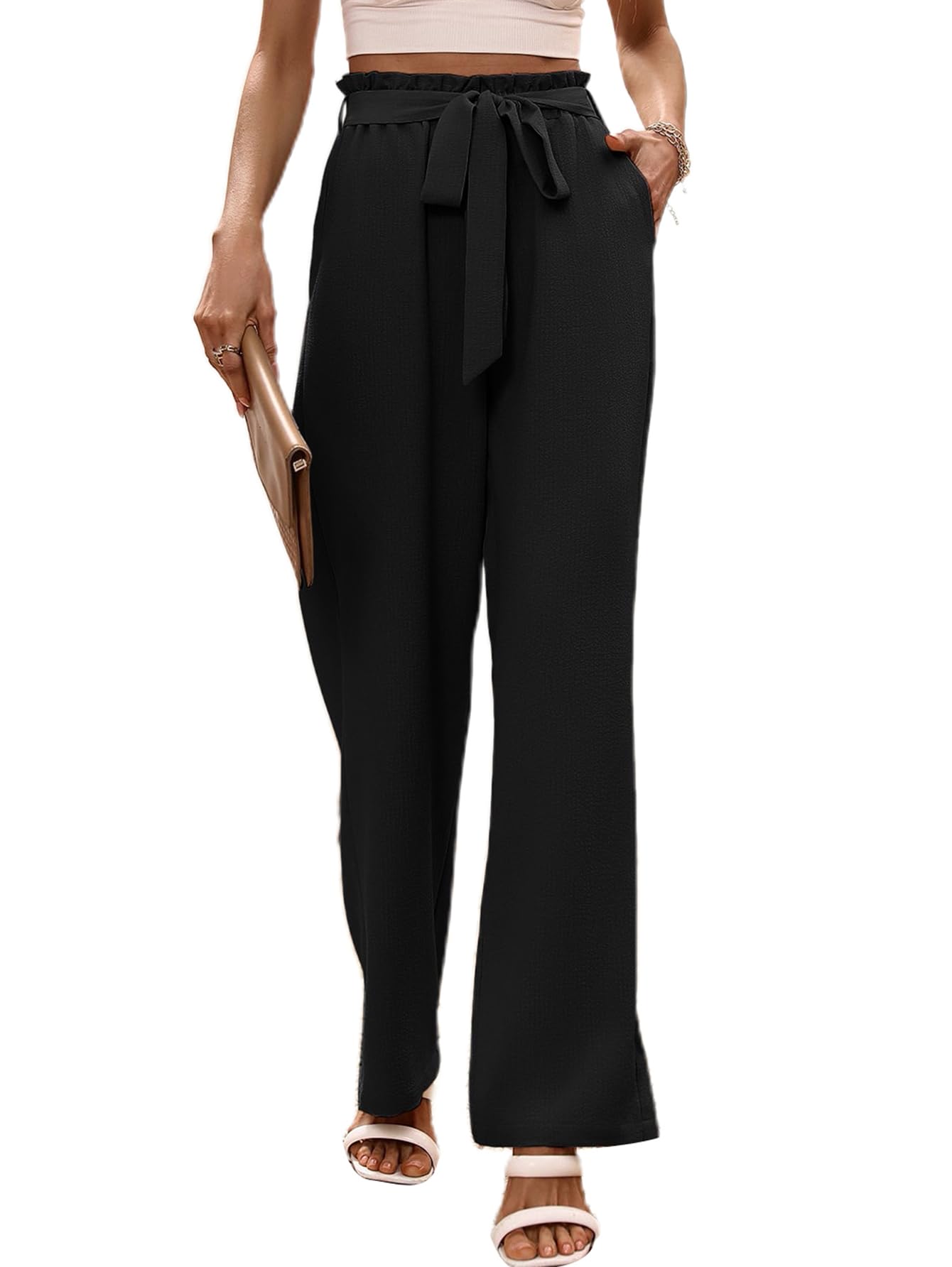 SOFIA'S CHOICE Women's Bow-Knot Work Pants High Waisted Wide Leg Trousers with Pockets Black Small