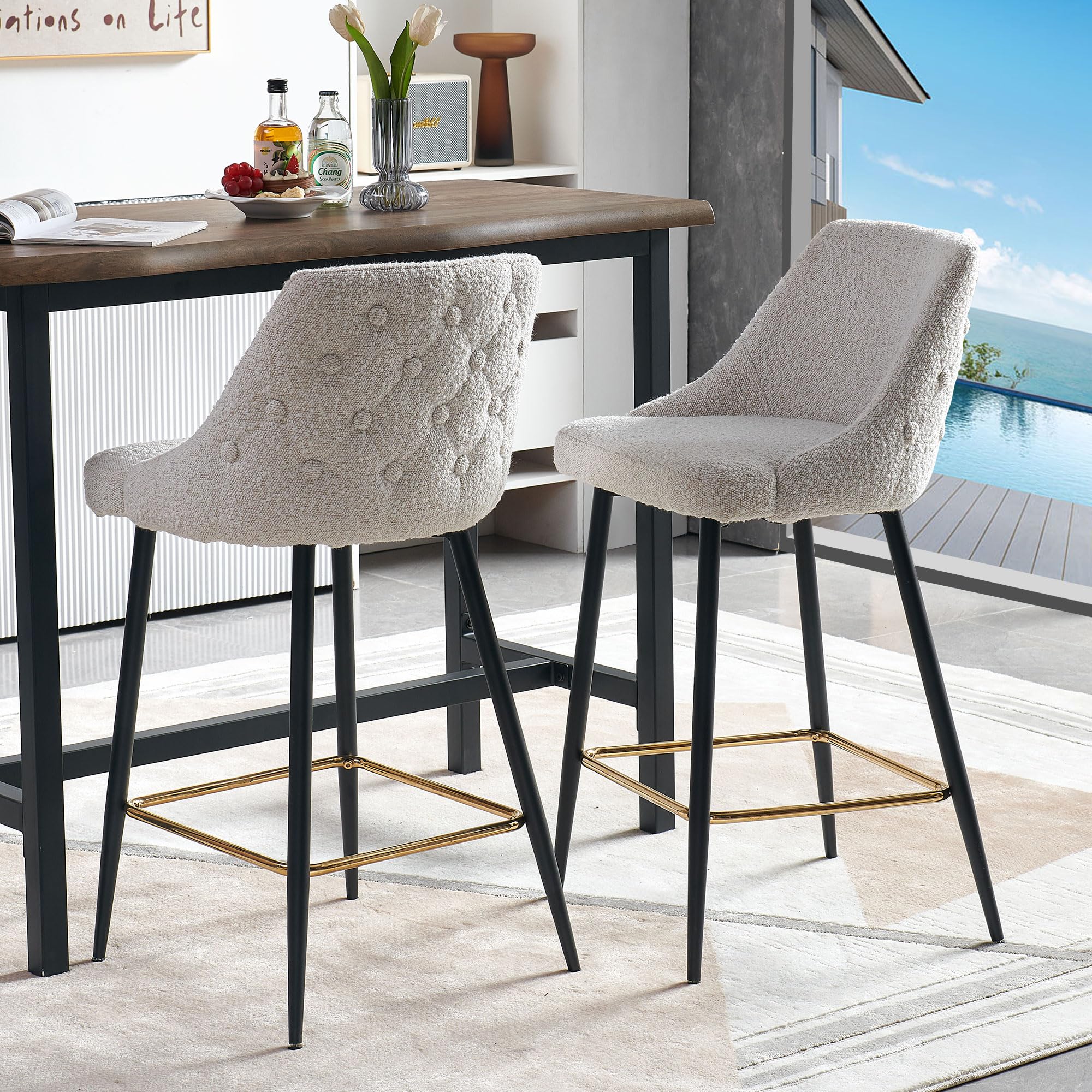Homedot Counter Height Barstools Set of 2, Upholstered Home Kitchen Dining Chair Boucle Bar Stools with Backrest, Modern Bar Chairs with Footrest for Kitchen Island, Dining Room