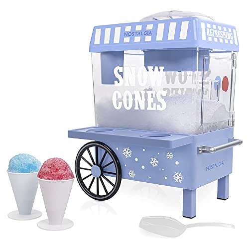 Nostalgia Vintage Countertop Snow Cone Machine - Slushie Machine - Shaved Ice Machine and Crushed Ice Maker - Makes 20 Icy Treats, Includes 2 Reusable Plastic Cups & Ice Scoop ā Blue
