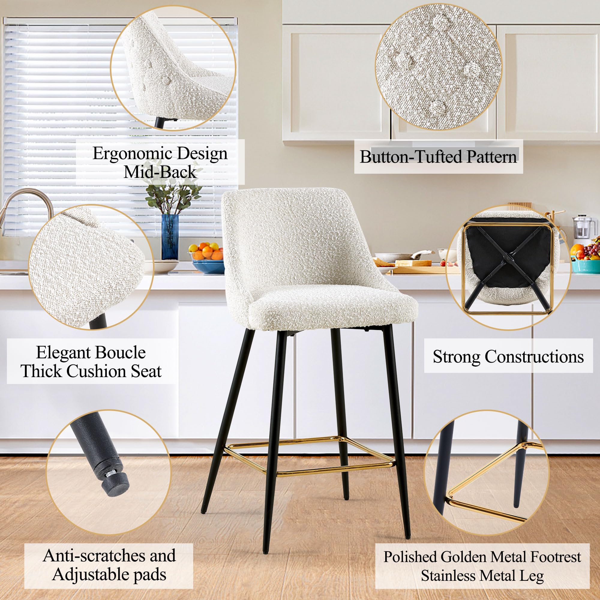 Homedot Counter Height Barstools Set of 2, Upholstered Home Kitchen Dining Chair Boucle Bar Stools with Backrest, Modern Bar Chairs with Footrest for Kitchen Island, Dining Room