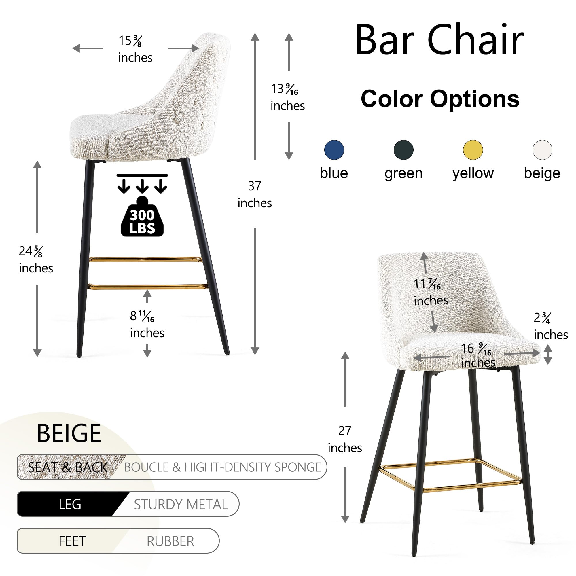 Homedot Counter Height Barstools Set of 2, Upholstered Home Kitchen Dining Chair Boucle Bar Stools with Backrest, Modern Bar Chairs with Footrest for Kitchen Island, Dining Room