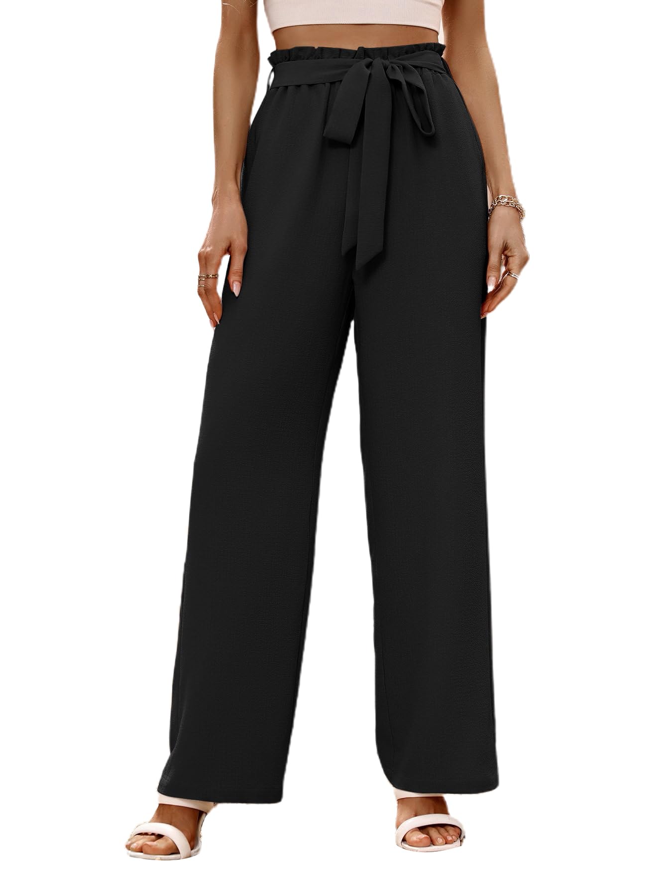 SOFIA'S CHOICE Women's Bow-Knot Work Pants High Waisted Wide Leg Trousers with Pockets Black Small