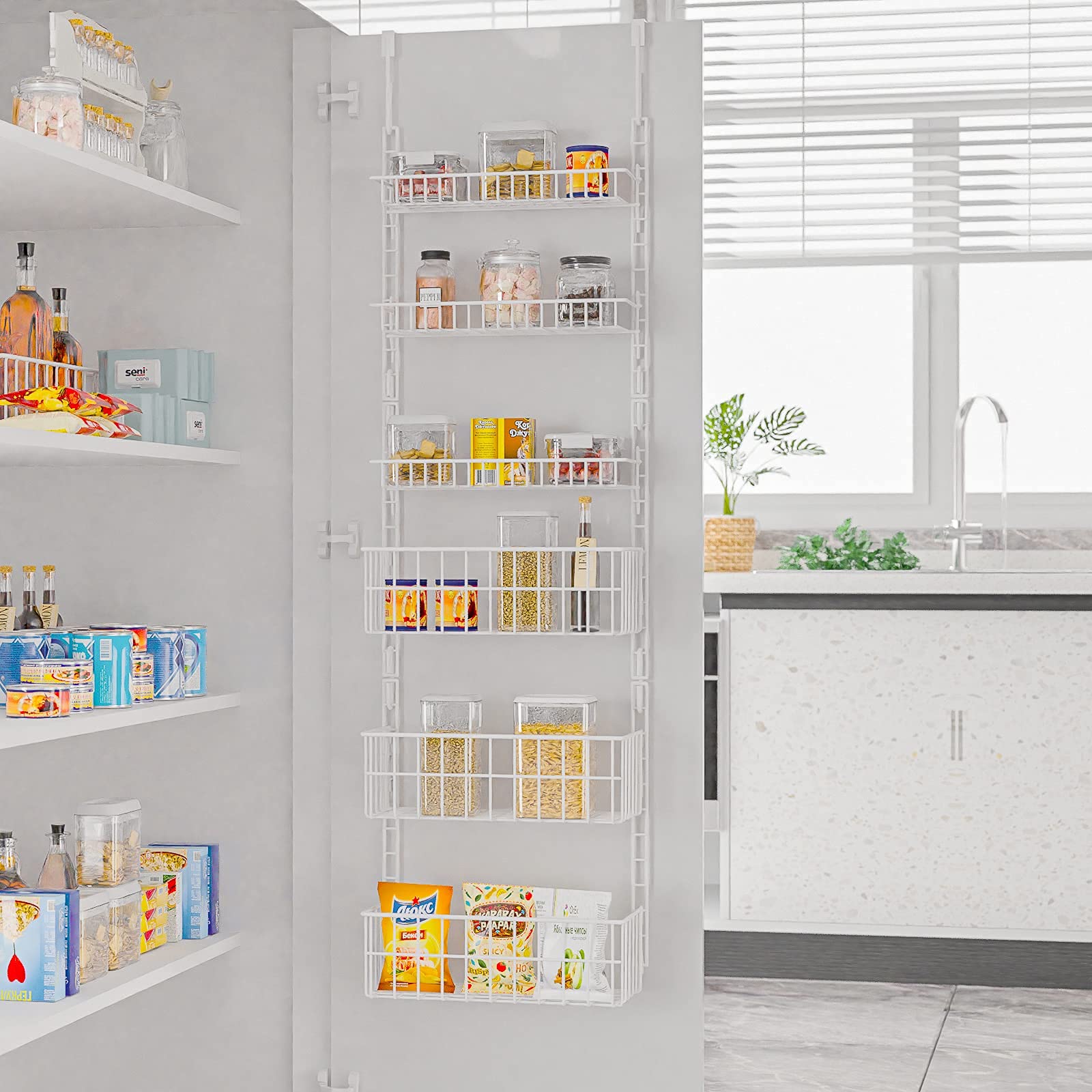 Qboid Sp Over The Door Pantry Organizer - With 6 Adjustable Shelves - Alloy Steel Metal - Hanging - Wall Mount - Storage Door Organization Kitchen Spice Rack,Cans,Closet,Bathroom-White
