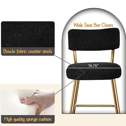 Sucrever 24” Boucle Bar Stools Set of 6, Counter Height Bar Stools with Back, Sherpa Barstools with Golden Metal Legs/Footrest, Black Boucle Bar Chairs Bar Stools for Kitchen Island, Dining Room