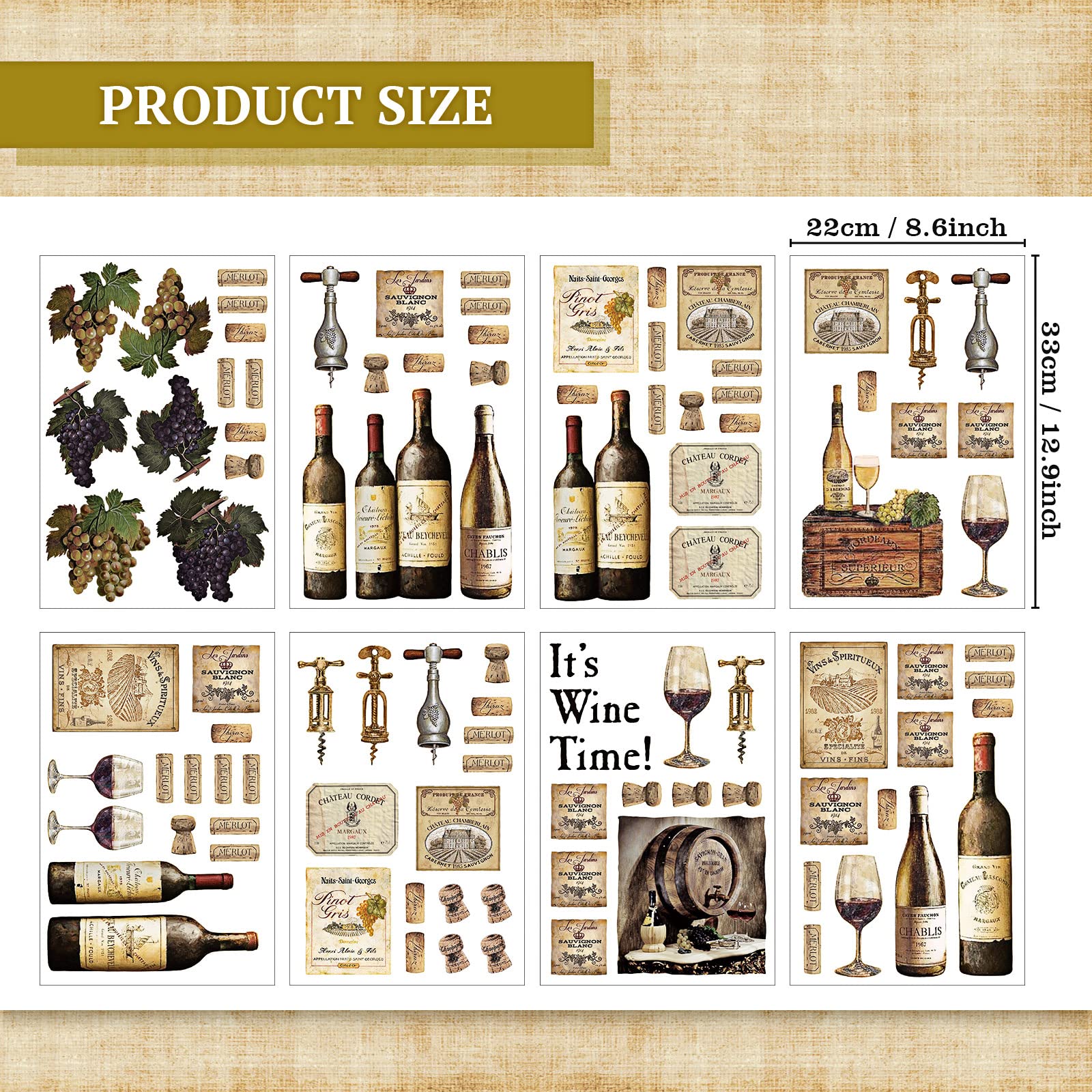 8 Sheets Wine Bottle Kitchen Wall Decals Grape Fruit Wall Stickers Wine Kitchen Decor Wine Tasting Stickers Peel and Murals for Kitchen Dining Living Room Bar Restaurant