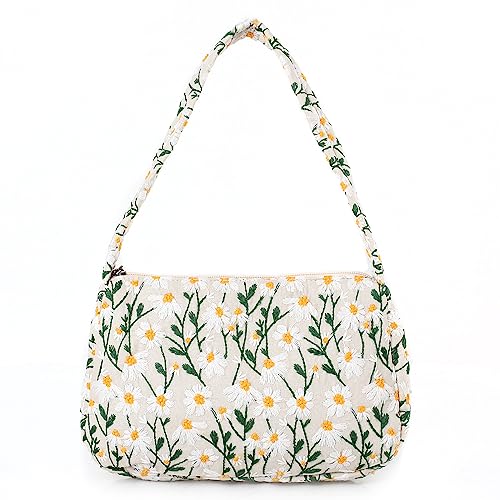 Women's Tote Bag Mini Flowers Embroidered Handbag Small Cellphone Purse Canvas Hobo Bag