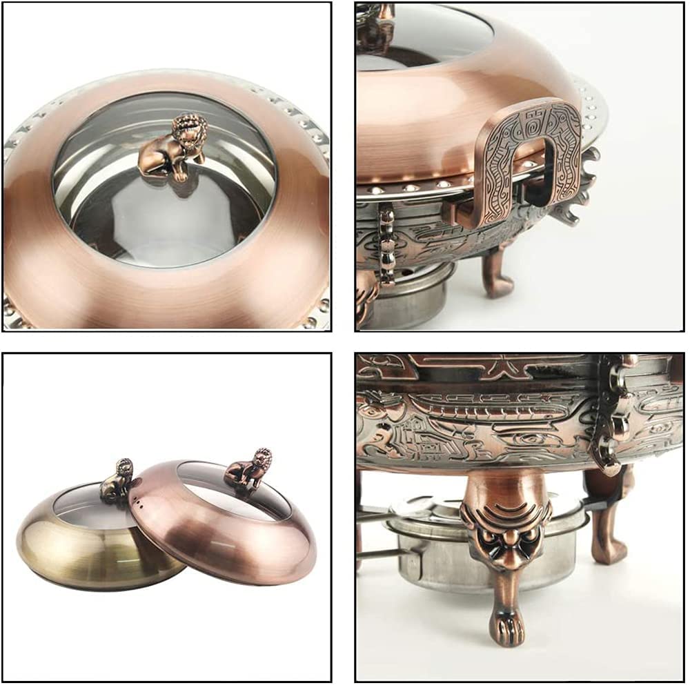 EdirFtra Round Copper hot Pot Set, Stainless Steel Buffet Set, Chinese Style hot Pot, with Food Plate, Aluminum Bracket, Cover and Fuel Bracket, 1L