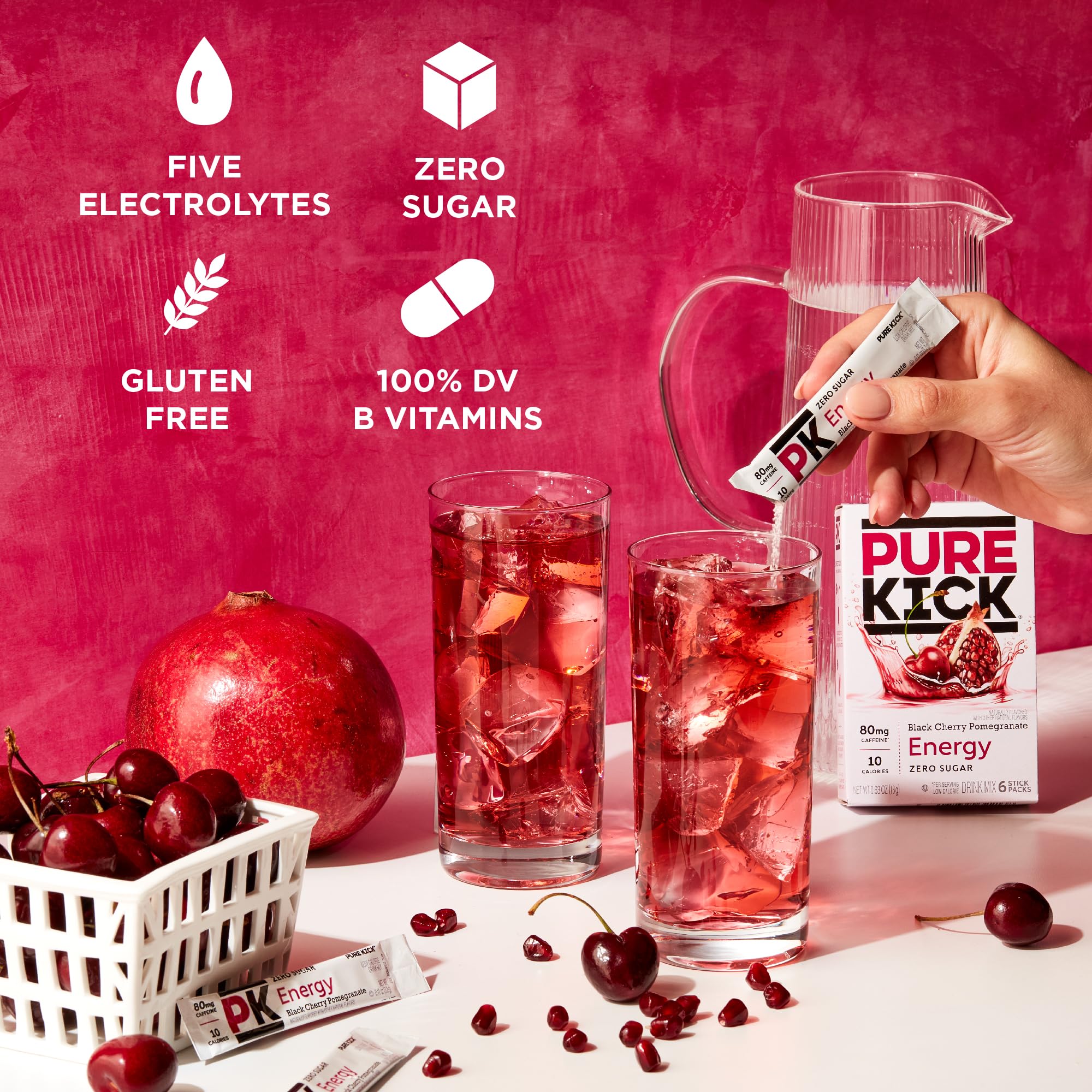 PURE KICK Energy Singles To Go Drink Mix, Black Cherry Pomegranate, Includes 12 Boxes with 6 Packets in each Box, 72 Total Packets