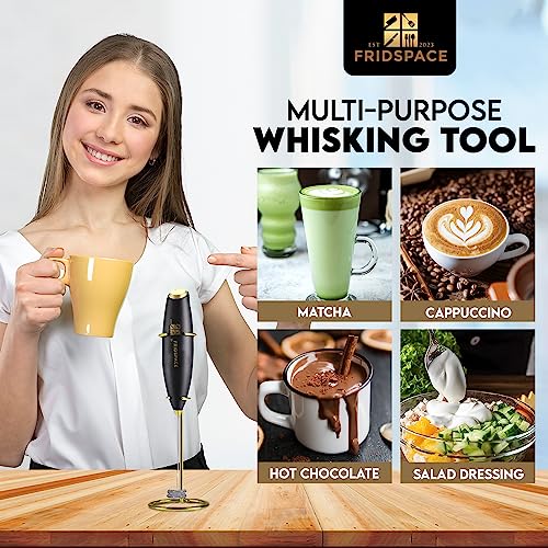 Handheld portable milk frother durable double whisk electric coffee machine, battery operated stainless steel milk mixer with stand, instant foam maker for latte, cappuccino, hot chocolate (Black)