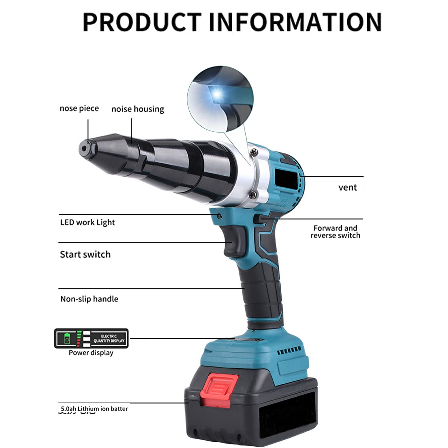 Etersec Cordless Rivet Gun, Portable 21V Lithium Battery Charging Full-Automatic Core Pulling Rivet Gun Professional Kit,with Battery and Charger,for 1/8 ", 5/32", 3/16 "Rivets