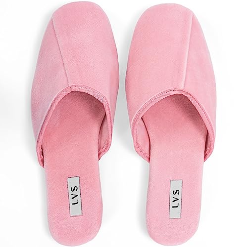 LVS House Slipper Mules for Women. Stylish Pink and Comfortable. Memory Foam, Indoor Outdoor Anti-Slip Rubber Soles. Includes Travel Dust Bag.