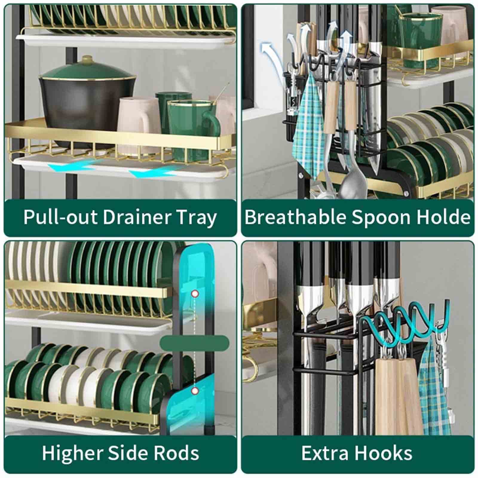 Kitchen Dish Drainer Rack, Large Capacity Carbon Steel Countertop Dish Storage Rack, with Utensil & Cutting Board Holder & Drip Tray,2 Tier,Large