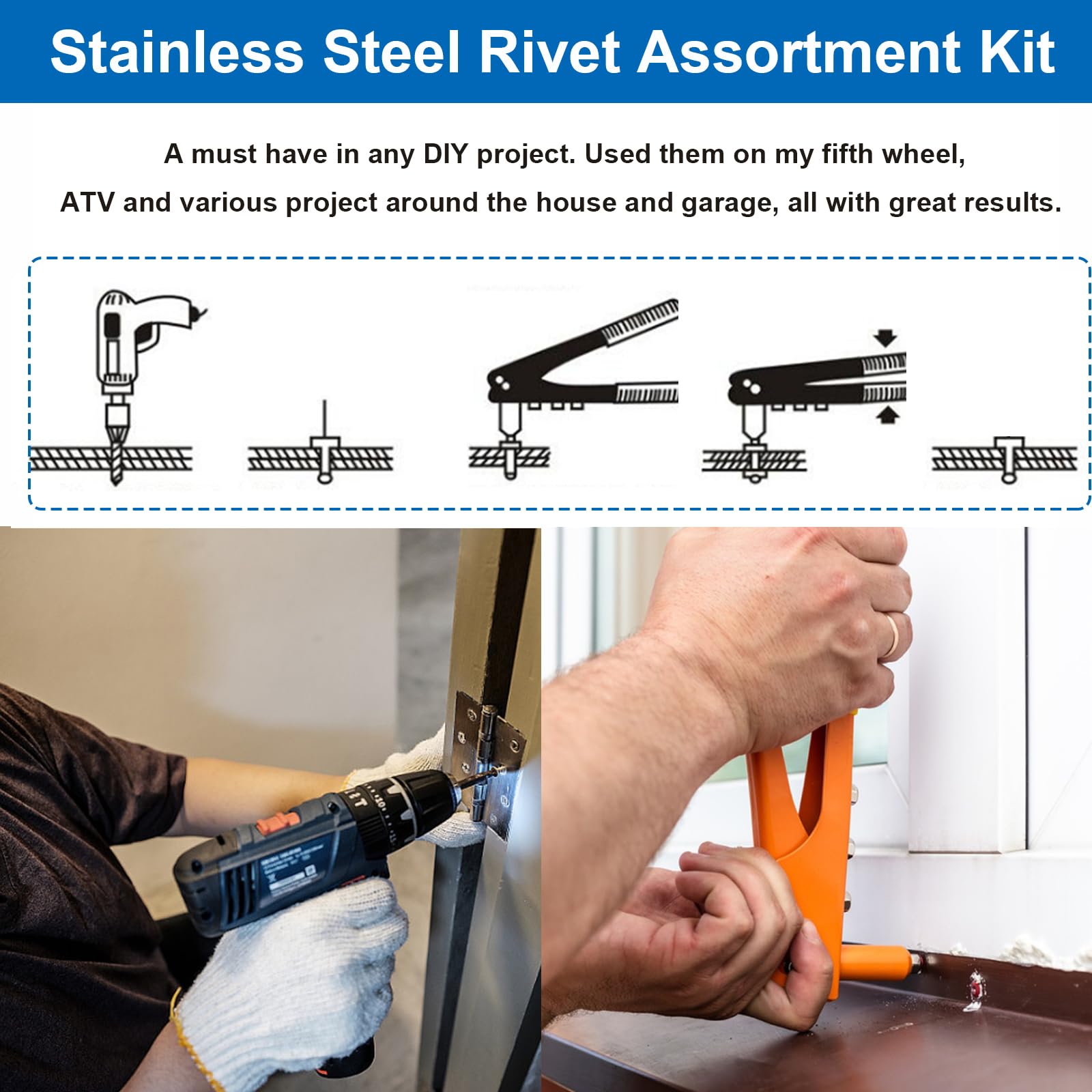 Seept 110pcs Steel Rivets 7-Sizes 304 Stainless Steel Pop Rivets Assortment Kit 1/8",5/32",3/16" Pop Rivets Stainless Steel Blind Rivets kit Rosette Rivets Stainless Steel Rivet