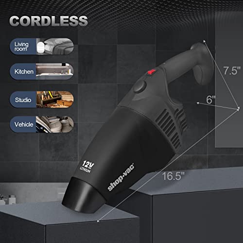Shop-Vac Cordless Handheld Vacuum Cleaner, 12V 85W Portable Powerful Suction Commercial Grade Vacuum with Attachments, Rechargeable 2600mAH Li-ion Battery, Suitable for Home, Garage. Grey&Black