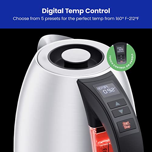 Chefman Electric Tea Kettle, 1.7 Liter Hot Water Electric Kettle Temperature Control Water Boiler with 5 Presets, Tri-Colored LED Lights, Keep Warm, Automatic Shutoff, Stainless