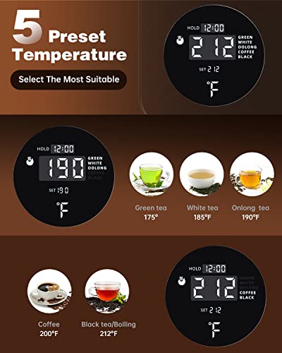 Ulalov Gooseneck Electric Kettle 1.0L with Temperature Control,Ultra Fast Boiling Hot Water Kettle for Pour-Over Coffee/Tea,100% Stainless Steel, 5 Variable Presets, 12H Keep Warm,Leak-Proof, 1200W