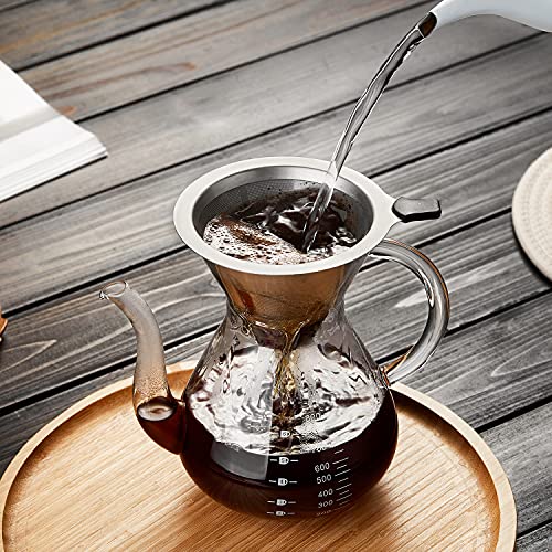 Pour Over Coffee Maker,1000ml/34oz Paperless Borosilicate Glass Carafe and Reusable Stainless Steel Permanent Filter,Glass Coffee Pot,Manual Coffee Dripper Brewer